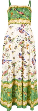 Apricot Birds And Palms Print Midi Dress