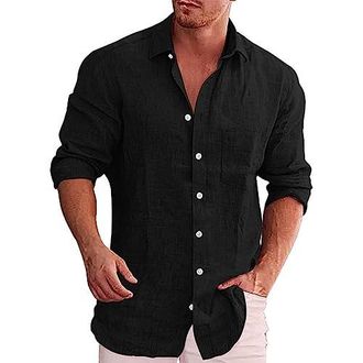 Generic Chemise en lin pour homme - Infroissable - Manches longues - En mousseline respirante - Coupe droite - Couleur unie - Revers - Chemise &agrave; manches longu