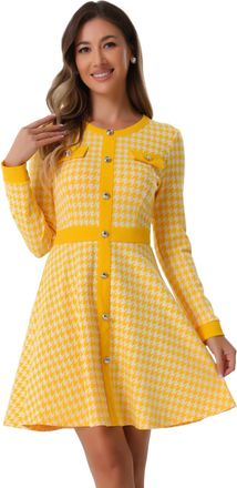Allegra K Damen Elegant A-Linien Kleid Hahnentrittmuster Kontrastfarbe Rundhalsausschnitt Mini Kleid Gelb XL