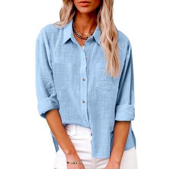 Generic Chemise en lin &agrave; manches longues pour femme, chemisier d&eacute;contract&eacute; boutonn&eacute;, double poches, surdimensionn&eacute;, pour le bureau, le travail, la plage, tuni