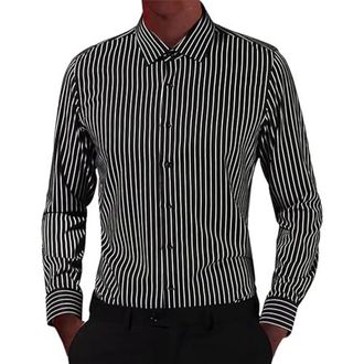 Generic Chemise formelle &agrave; manches longues pour homme - Chemise ray&eacute;e contrast&eacute;e boutonn&eacute;e - Col rabattu - Coupe quotidienne - Confortable - Sans repassage - 