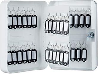 Relaxdays Schlüsselkasten Metall, abschließbar, 48 Haken, Schlüsselschrank inkl. Schlüsselanhänger, 25x18x7,5cm, weiß