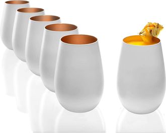 St&ouml;lzle Becher 465 ml, 12er Set, Wassergl&auml;ser in wei&szlig; (matt) und Bronze, sp&uuml;lmaschinenfest + Gratis 4er Set EKM Living Edelstahl Trinkhalme