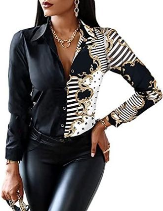 Onsoyours Chemisier Femme Manches Longues Shirt Patchwork Chemise Classique Chic Boutonné Col en V Blouse Tunique Hauts Blanc 1 XL