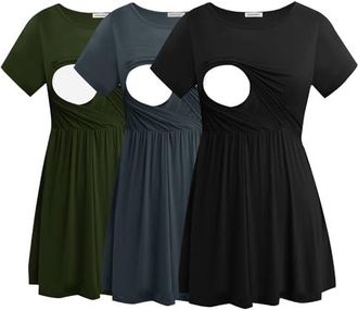 Smallshow Femme Tee Shirt Allaitement Manches Courtes T-Shirt Grossesse 3 Pack,Army Green-Black-Dark Grey,L