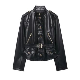 Generic Veste en cuir synth&eacute;tique avec ceinture pour femme - Noir - Manches longues - D&eacute;contract&eacute;e - Printemps et automne - V&ecirc;tement dext&eacute;rieur quotidien, Noi