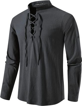 PARKLEES Herren Retro Baumwolle Freizeithemd Langarm Schn&uuml;rbare Hemden Mittelalterlich Piraten Kost&uuml;m f&uuml;r Halloween PPPA275 Kohlegrau XXL