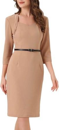 Allegra K Femme Robe Travail Bureau Manches 3/4 Ceinture Col en Coeur Robe Fourreau Abricot foncé XS