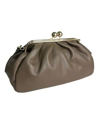 Generico Sac femme en cuir v&eacute;ritable - Pochette souple avec fermeture &agrave; clip - Fabriqu&eacute; en Italie - Sac &eacute;l&eacute;gant de jour et de soir&eacute;e, Taupe fonc&eacute;