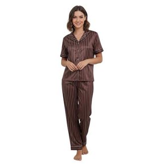 Janisramone Pyjama rayé pour femme, 2 pièces col en V boutonné pour femme, haut rayé à manches longues avec bas à taille réglable, vêtements de nuit confortables 