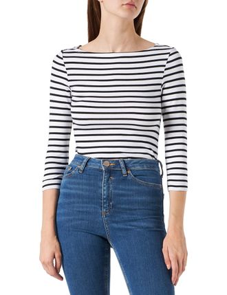 Amazon Essentials Womens 3/4 Sleeve Patterned Boatneck T-Shirt Shirt, -White Stripe, XXL