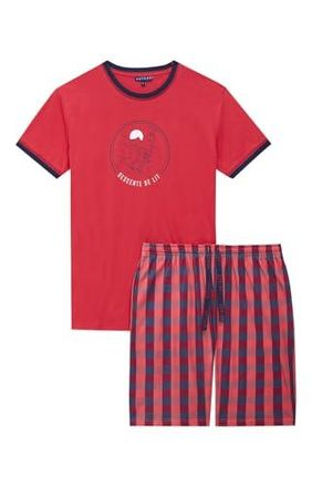 Arthur Pyjama Court Homme, Ensemble Manches Courtes et Short - 100% Coton Bio l&eacute;ger, Doux et Confortable - Motif Ski Carreaux Rouge et Noir - Taille XL