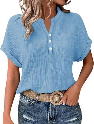 Generic Chemisier pour Femmes Coton Et Lin Respirant Chic Et Élégant Chemisiers Et Blouses Ete Leger Décontracté Blouse Manches Courtes T-Shirts De Couleur Pu