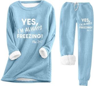 Generic Surv&ecirc;tement doubl&eacute; en polaire pour femme, imprim&eacute; lettres, col ras du cou, haut chaud dhiver, jogging, tenue 2 pi&egrave;ces, surv&ecirc;tements (Blue, XXL)