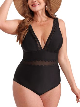 Cupshe Damen Große Größen Badeanzug V Ausschnitt Wellenkante Sheer Netzstoff Figurformend Einteilige Curvy Bademode Plus Size Swimsuit Schwarz 3X=XXXL