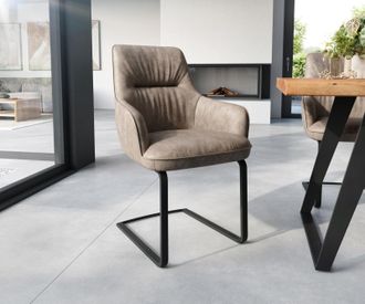 DELIFE Freischwinger Zelia-Flex mit Armlehnen Mikrofaser Taupe Vintage Freischwinger flach Schwarz Taschenfederkern, Esszimmerst&uuml;hle
