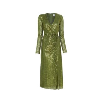 Self Portrait Olive Rhinestone Mesh Wrap Midi Dress
