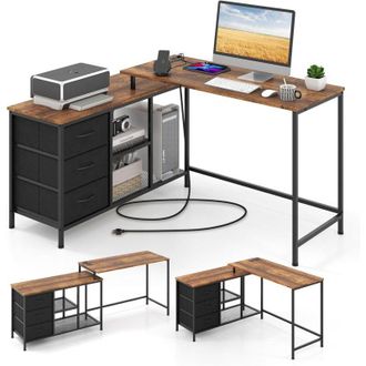 Costway Costway - Bureau dOrdinateur en Forme de l 140 cm, Bureau dangle Convertible avec Multiprise 2 Prises et 2 usb, 3 Tiroirs en Tissu et &Eacute;tag&egrave;res de