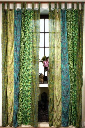 Guru Shop Boho Patchwork Vorh&auml;nge, 1 Paar Bohemia Gardine aus Sareestoff, Unikat 250 cm - Gr&uuml;n, Synthetisch