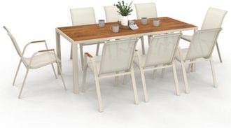 IDMarket Salon de jardin NOUMEA table 190 cm plateau verre tremp&eacute; effet bois et 8 chaises empilables beige et bois