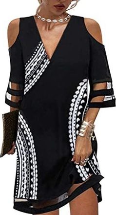 Minetom Femmes Col V Robe Tunique Élégant Plage Soirée Fête Cocktail Mini Shirt Robe I Noir 04 XXL