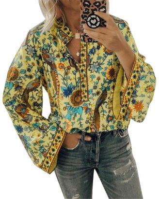ORANDESIGNE Damen Vintage Bohemian Blusen Hippie Blumen Bluse Boho Tunika Elegante Oberteile Tops Langarm Shirt A Gelb XXL