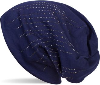 styleBREAKER Damen Beanie Mütze mit Strass Nieten im edlen Streifen Design, Slouch Longbeanie, Stoffmütze Einfarbig 04024086, Farbe:Dunkelblau