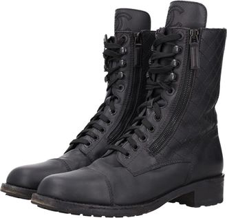 Chanel Interlocking CC Logo Leather Combat Boots Size 40.5