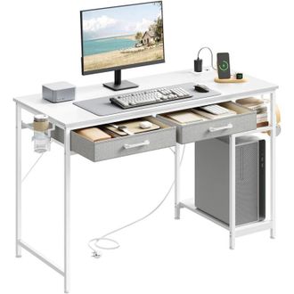 Woltu Bureau Gaming avec 2 Tiroirs et 2 &Eacute;tag&egrave;res, Bureau dOrdinateur avec Prises USB et Type-C, Porte-gobelet et Crochet, 120x51x75 cm, Blanc