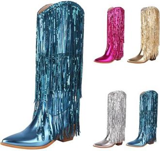 Generic Bottes de cowgirl mi-larges en cuir synthétique souple à talon bloc et bout pointu avec pompons pour femme, chaussures déquitation tendance à paillett