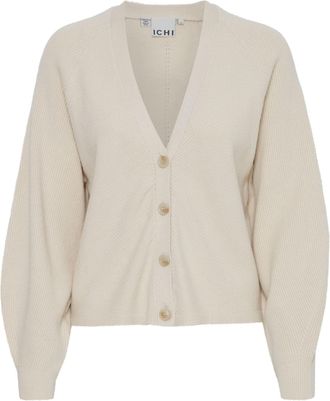Ichi IHBOSTON Damen Strickjacke Cardigan mit Knöpfen V-Ausschnitt Puffärmel Loose fit, Größe:M, Farbe:Almond Milk (124301)