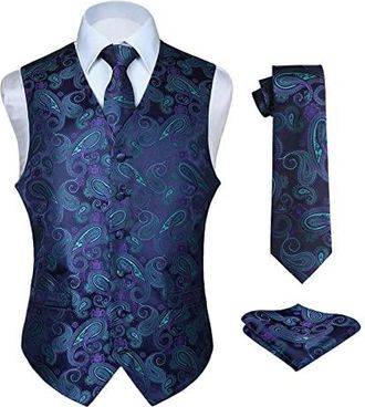 Hisdern hommes classique Paisley Floral jacquard gilet & cravate et gilet de poche gilet ensemble XXL Violet Vert