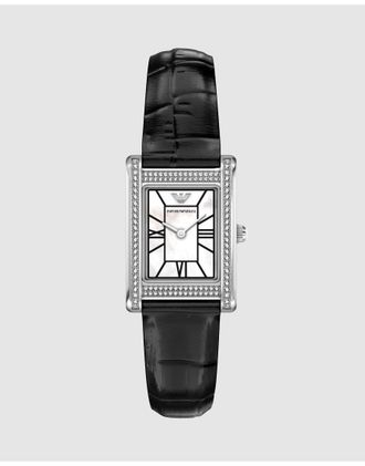 Emporio Armani montre en cuir noir &agrave; deux aiguilles argent&eacute;e