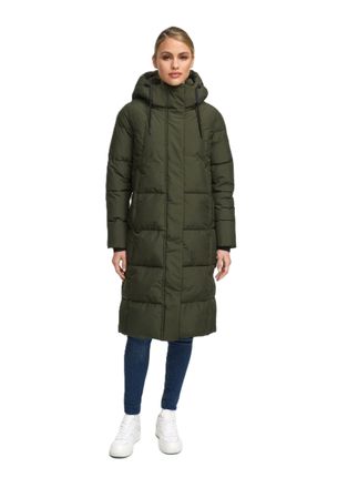 Marikoo Damen Wintermantel (XS-6XL) gesteppt, lange Form, abnehmbare Kapuze, Magnettaschen - N057 - DarkOlive Gr.6XL - Gr.6XL