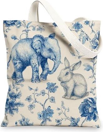 Generic Sac fourre-tout en toile à motif floral, sac de courses réutilisable, léger et lavable pour voyage, gym, plage, bleu, 13x15 Inch