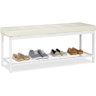Relaxdays Relaxdays - Banc Range-chaussures xxl Ouvert Coussin moelleux Similicuir Support Grillage M&eacute;tal 49x115x40cm blanc