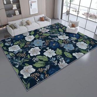Generic Tapis de lenfant Minimaliste Abstrait Plante Fleur Tapis rectangulaire, 160 x 230 cm Moquette de Chambre &agrave; Poils Ras, Bleu Marine &Eacute;cologique Paillasso