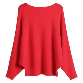 Generic Pull tricot&eacute; &agrave; manches chauve-souris et col bateau pour femme, pull tricot&eacute; &agrave; manches chauve-souris Dolman, Rouge, Taille unique