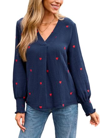 Cupshe Damen Blusen V-Ausschnitt Liebesherz Stickerei Langarm Volants Rüschen Oberteile Elegant Hemd Top Shirts, Blau,XS
