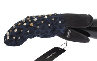 Dolce & Gabbana Mens Gray Wool Shearling Studded Blue Leopard Gloves Merino