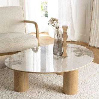 Macabane UGO - Table basse 110x80cm plateau c&eacute;ramique pieds bois clair