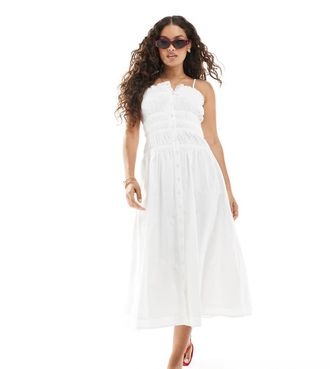 Miss Selfridge Robe boutonn&eacute;e longue en popeline &agrave; corsage fronc&eacute; - Blanc