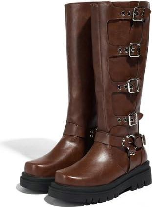 Generic Bottes montantes tendance pour femme avec boucle et bout carré et talon épais, large mollet à enfiler, chaussures de motrocycle, blanc, 37.5 EU