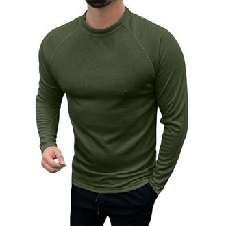 Generic DENGJIAMY Chemise raglan gaufr&eacute;e &agrave; manches longues classique &agrave; col rond pour homme T-shirts de printemps tendance hauts d&eacute;contract&eacute;s pour hommes, vert