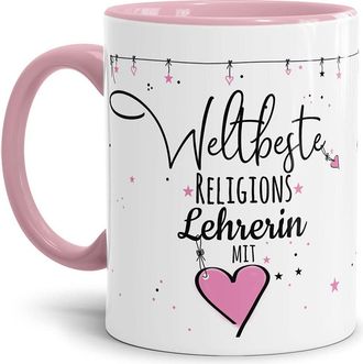 Tassendruck Tasse mit Spruch - Weltbeste Lehrerin mit Herz - Geschenk für die Religion-Lehrerin - Hochwertige Keramiktasse, Innen & Henkel Rosa, 300 ml