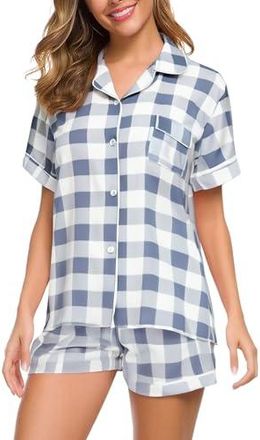 Generic Ensemble de pyjama pour femme à manches courtes - Pyjama boutonné en coton deux pièces confortable à carreaux Coupe ample Poches avant Col en V Vêteme
