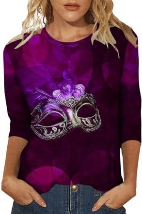 Generic Haut &agrave; manches 3/4 pour femme - Chemise de carnaval - Imprim&eacute; graphique - Col rond - &Eacute;l&eacute;gant et fin - D&eacute;contract&eacute; - Chemisier basique classique - Pour