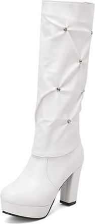 Generic Bottes à talon haut pour femme avec semelle compensée et bout rond - Fermeture éclair latérale - Strass - Élégantes et décontractées, blanc, 39.5 EU