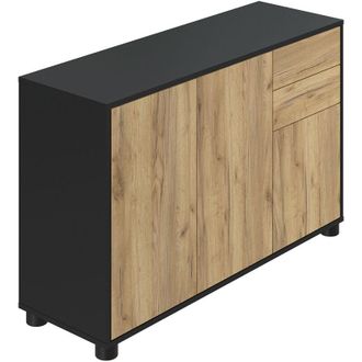 PEGANE Buffet, Commode avec 3 Portes et 2 tiroirs, Noir Mat/Ch&ecirc;ne nature - Longueur 117 x Hauteur 74 x Profondeur 37.5 cm Pegane