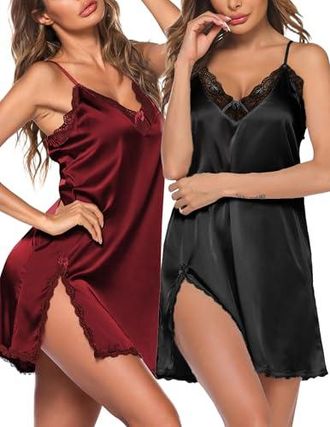 Ekouaer Nuisette Femme Satin Chemise de Nuit Deux Pi&egrave;ces Sexy Ete Bretelles R&eacute;glable Col en V Ans Manches V&ecirc;tement de Nuit, Noir + Rouge vin, XXL